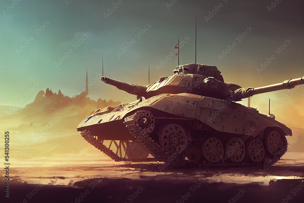 The tank is in battle, firing at the enemy. World war. Huge tank ...