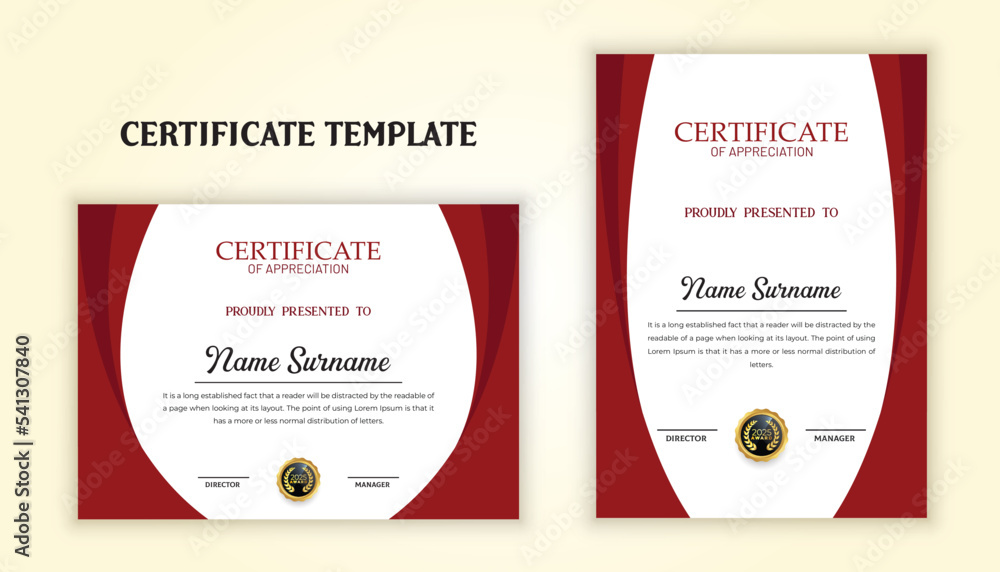 Red certificate template design with abstract badge in professional ...