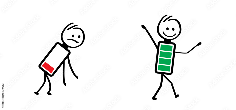 Life energy. Stickman, Businessman with red low battery and stick man ...