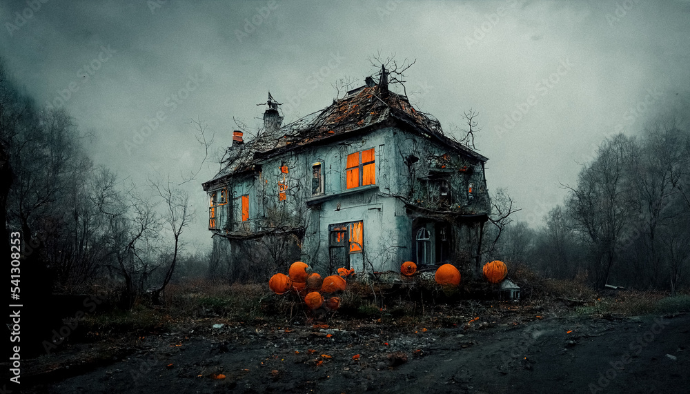 Abstract drawing of a creepy haunted old Halloween house fairy tale ...