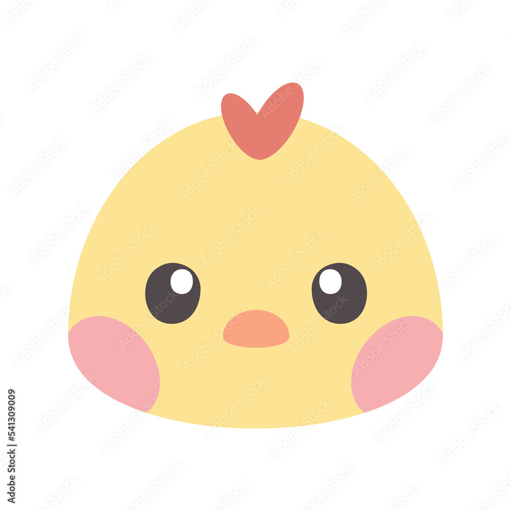Cute chicken cartoon character face isolated on white, big pink cheeks ...