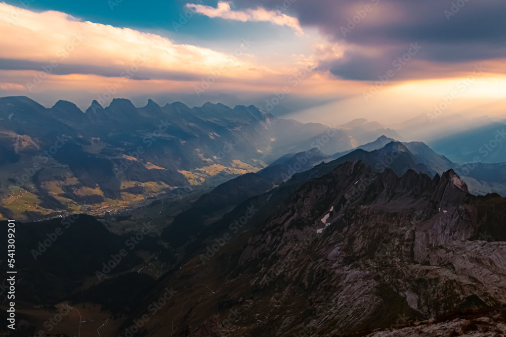 Beautiful alpine sunset at the famous Saentis summit, Schwaegalp ...