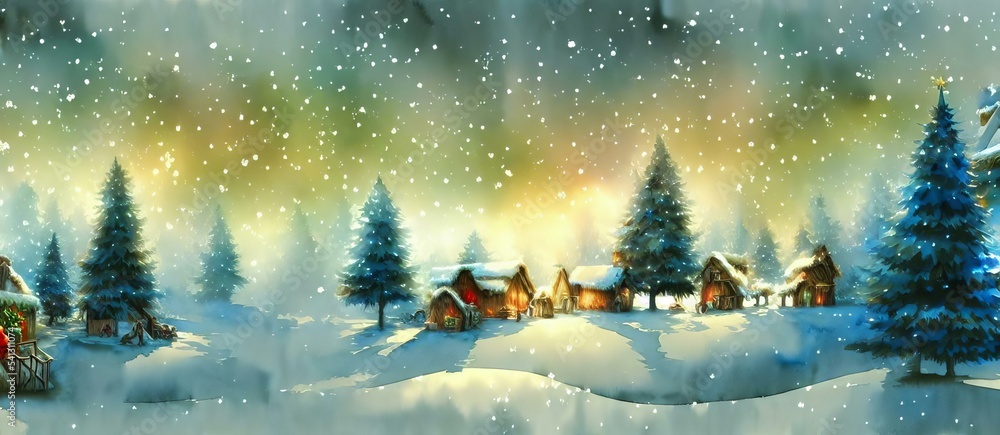 A Painting Of A Snowy Village With A Christmas Tree, Sensational ...