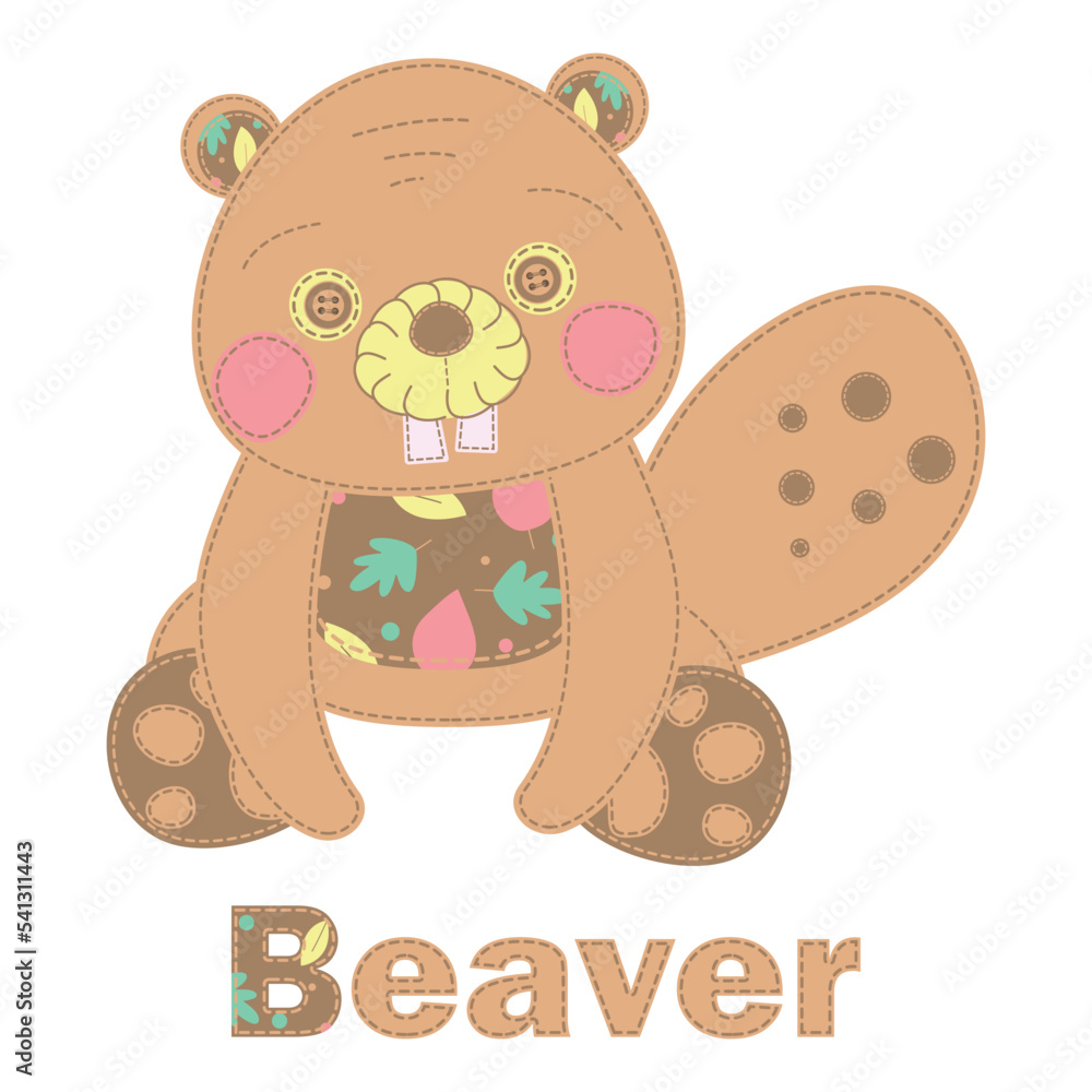 Patchwork vector drawing with a beaver. Cute vector cartoon beaver ...