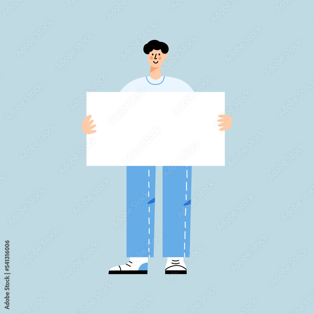 Vector flat illustration with young man holding sign. Stock Vector ...