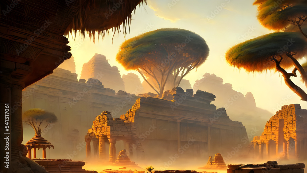 ancient science fiction temple ruins on an alien planet in the desert ...