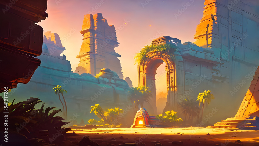 ancient science fiction temple ruins with a portal on an alien planet ...