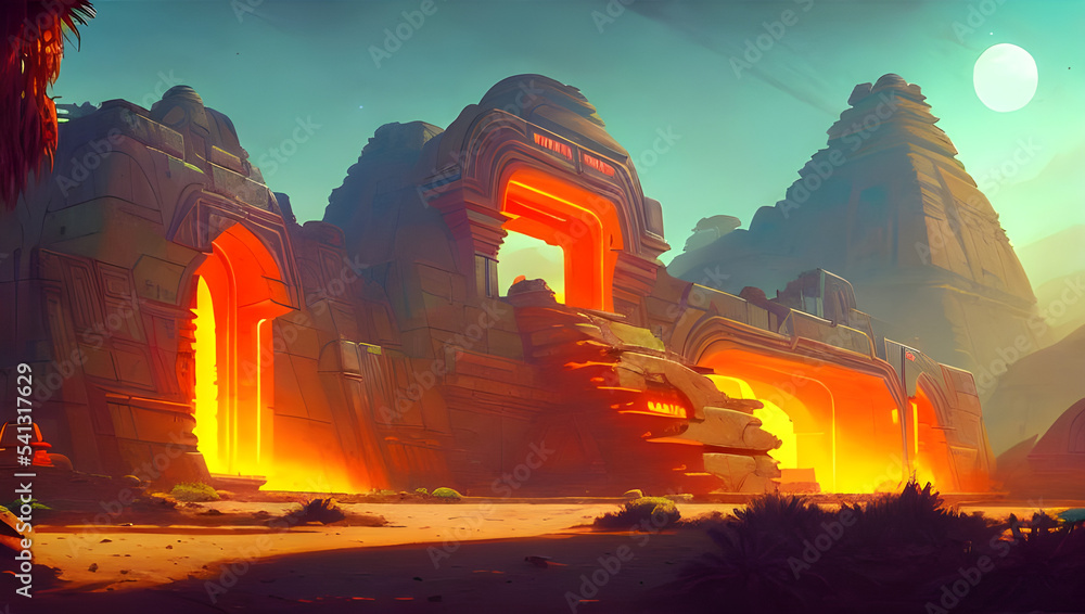 ancient science fiction temple ruins on an alien planet in the desert with palm trees and neon ...