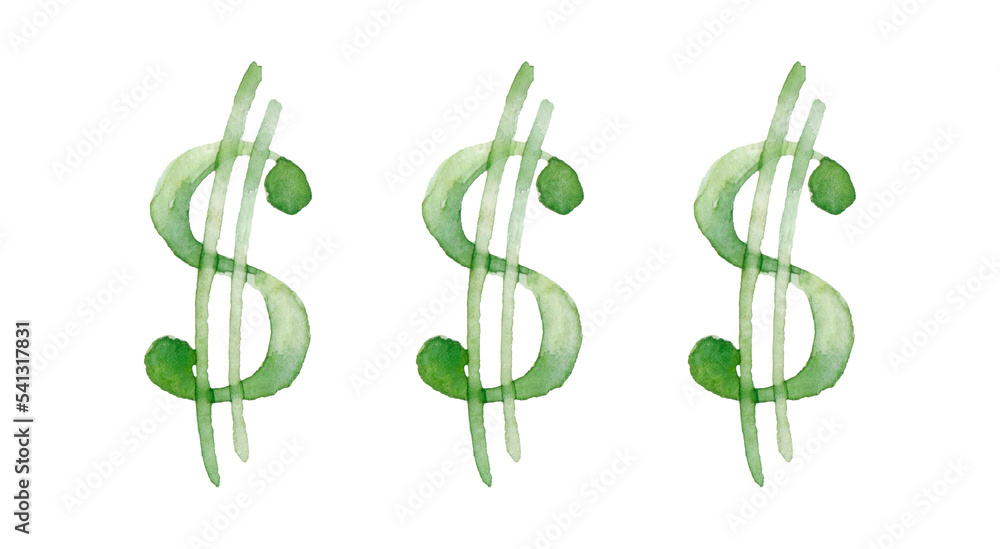 Painting of dollar symbol with watercolor effect. Outline sketch of ...