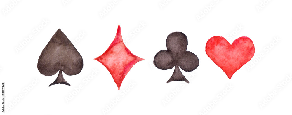 Watercolor illustration set of playing cards suits: spades, hearts ...