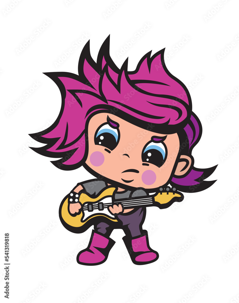 Cute cartoon style illustration of a girl playing electric guitar Stock ...