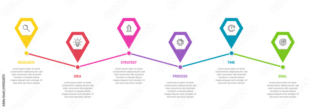 Vertical infographic design with icons and 6 options or steps. Thin ...