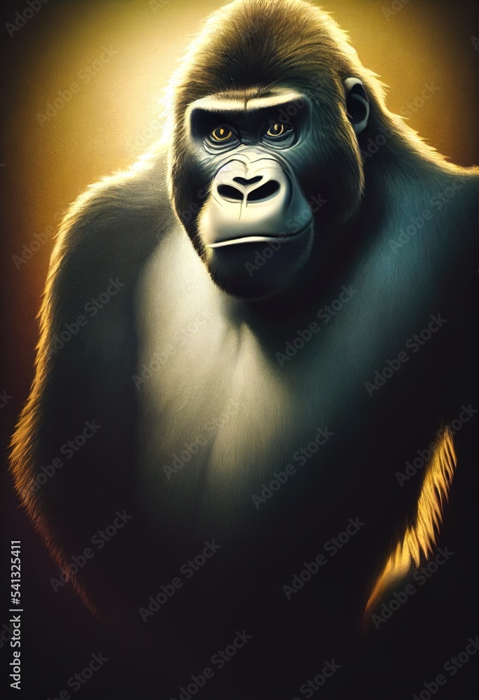 Portrait of gorilla bodyguard, huge muscles and standing in proud pose ...