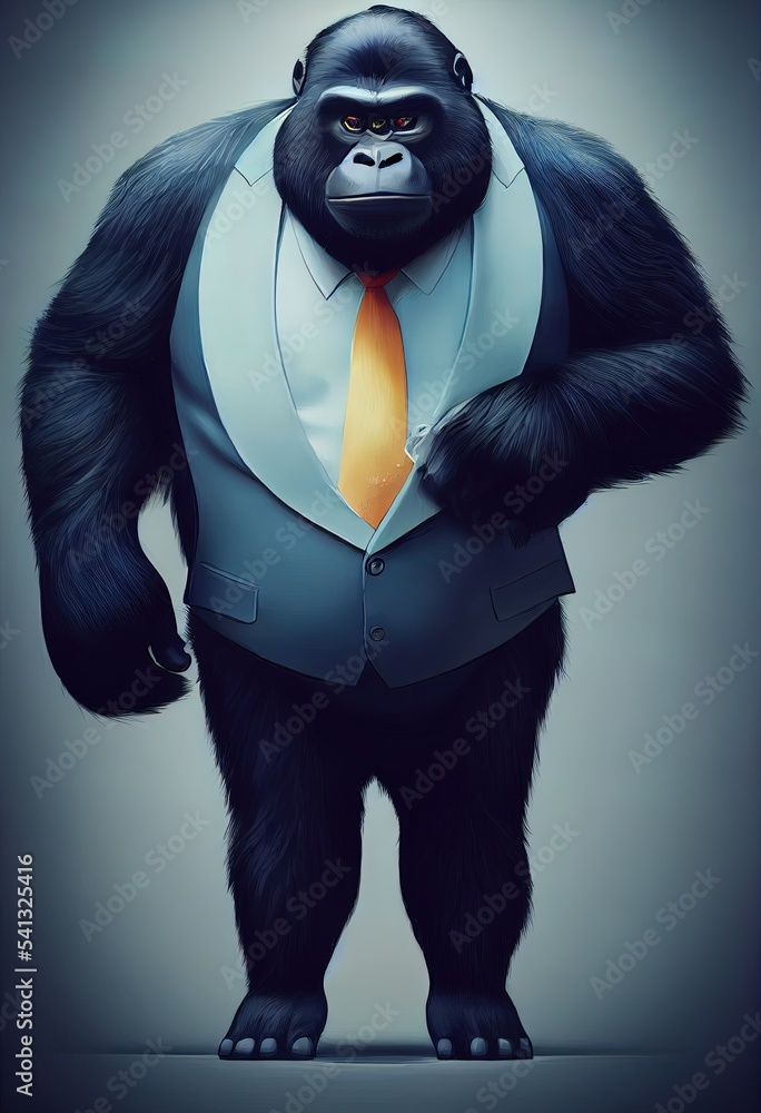 Portrait of gorilla bodyguard, huge muscles and standing in proud pose ...