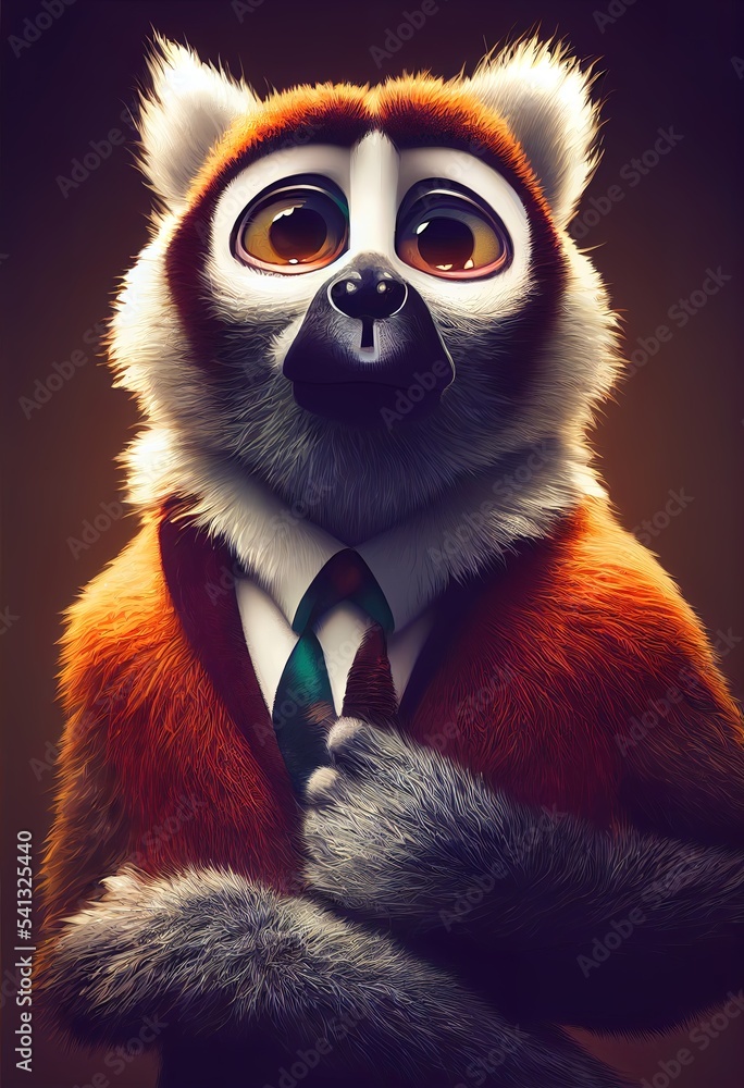 Portrait of lemur wearing suit and standing in proud pose. Dapper ...