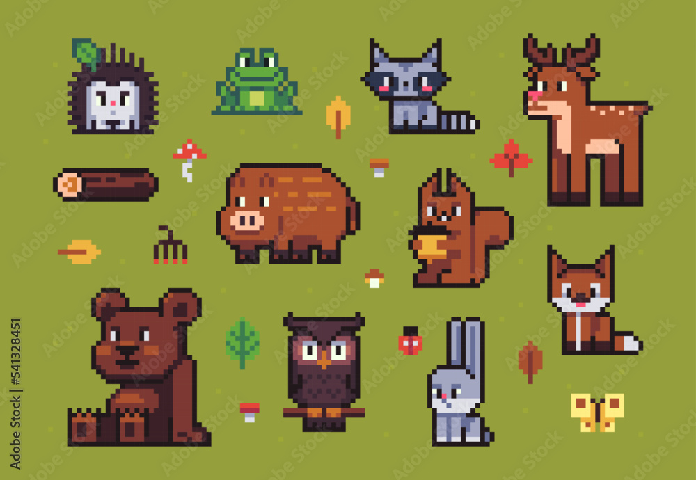 Vetor de Big forest animal set. Pixel art style. Vector isolated ...