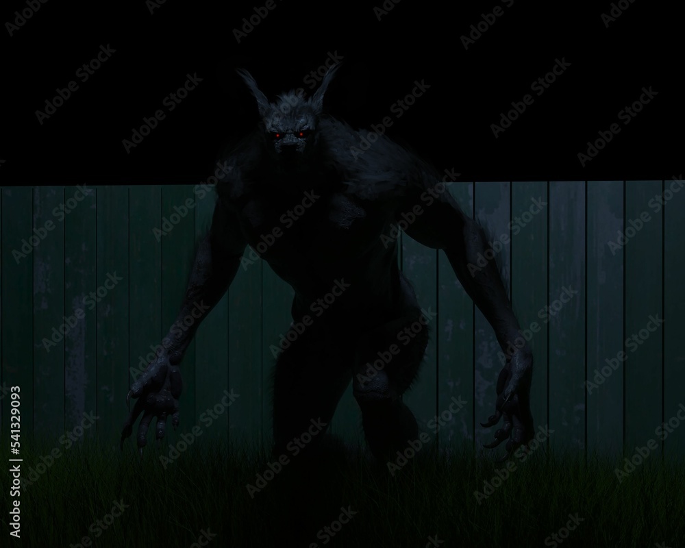 3d illustration of a Werewolf Dogman cryptid with red eyes standing in ...