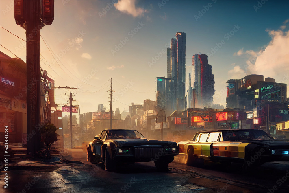 Concept art illustration of cyberpunk city street with cars Stock ...