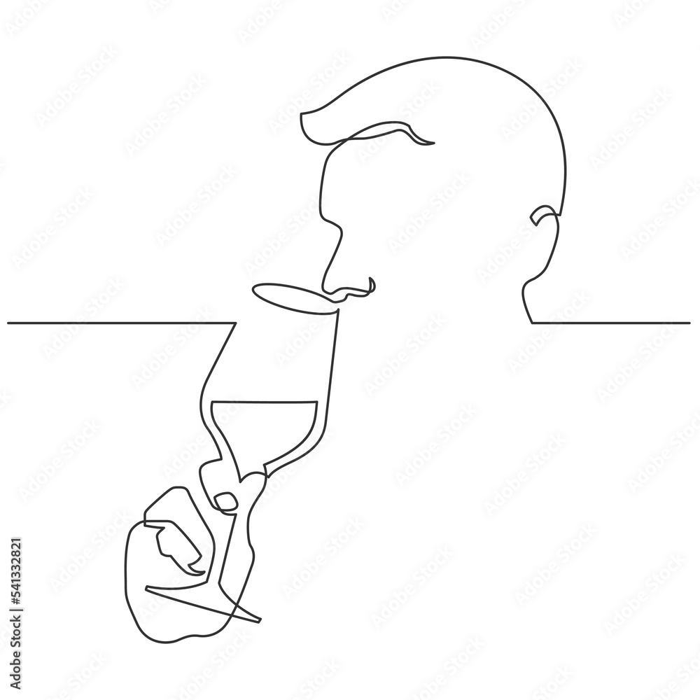 Continuous line drawing silhouette of a man drinking from a wine glass ...