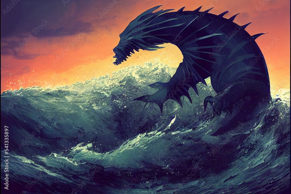 A sea goblin in full length with sharp claws and fangs, with fins and ...