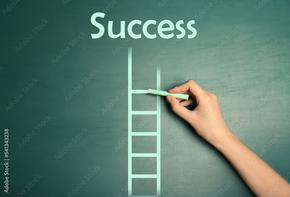 Woman drawing ladder on green chalkboard, closeup. Steps to success ...