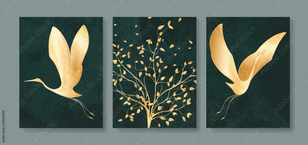 Dark luxury art background with tree and birds in golden line art style ...