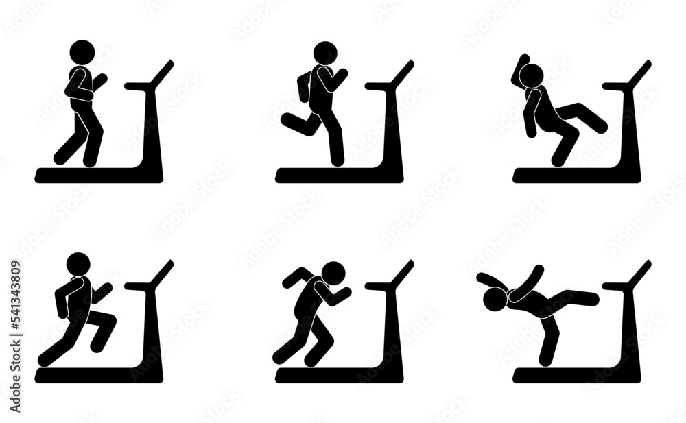 runner icon set, man running on treadmill, stick figure human ...