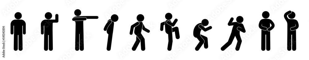 people icons set, stick figure stickman, man stands, human poses and ...