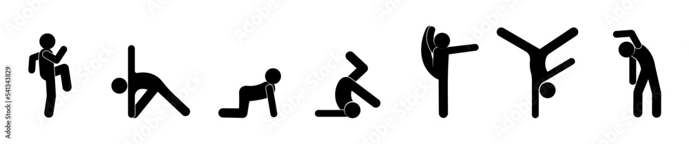 gymnast icon, exercise and pose illustration, stick figure man isolated ...