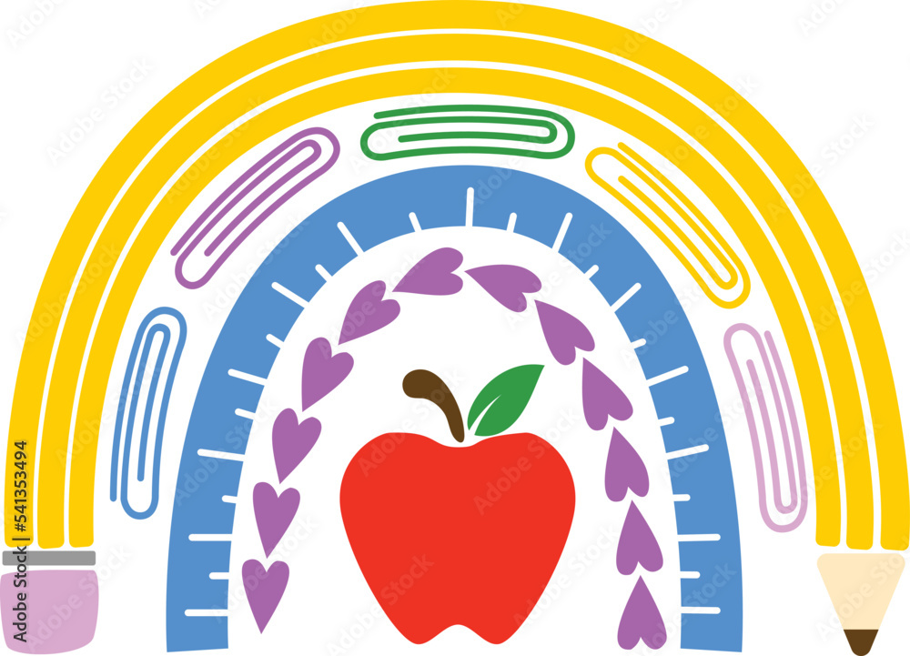 Boho teacher rainbow vector clip art illustration with pencil, ruler ...