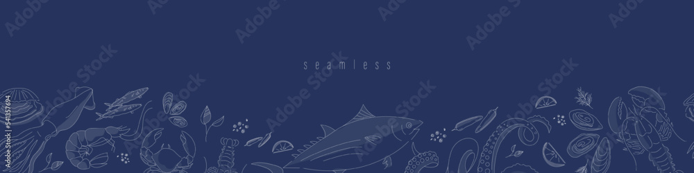 Horizontal Seafood seamless border on navy blue background. Hand drawn ...