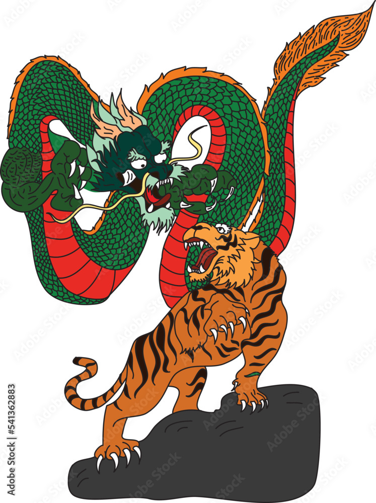 Tiger and Dragon fighting vector.Japanese Dragon and tiger tattoo ...