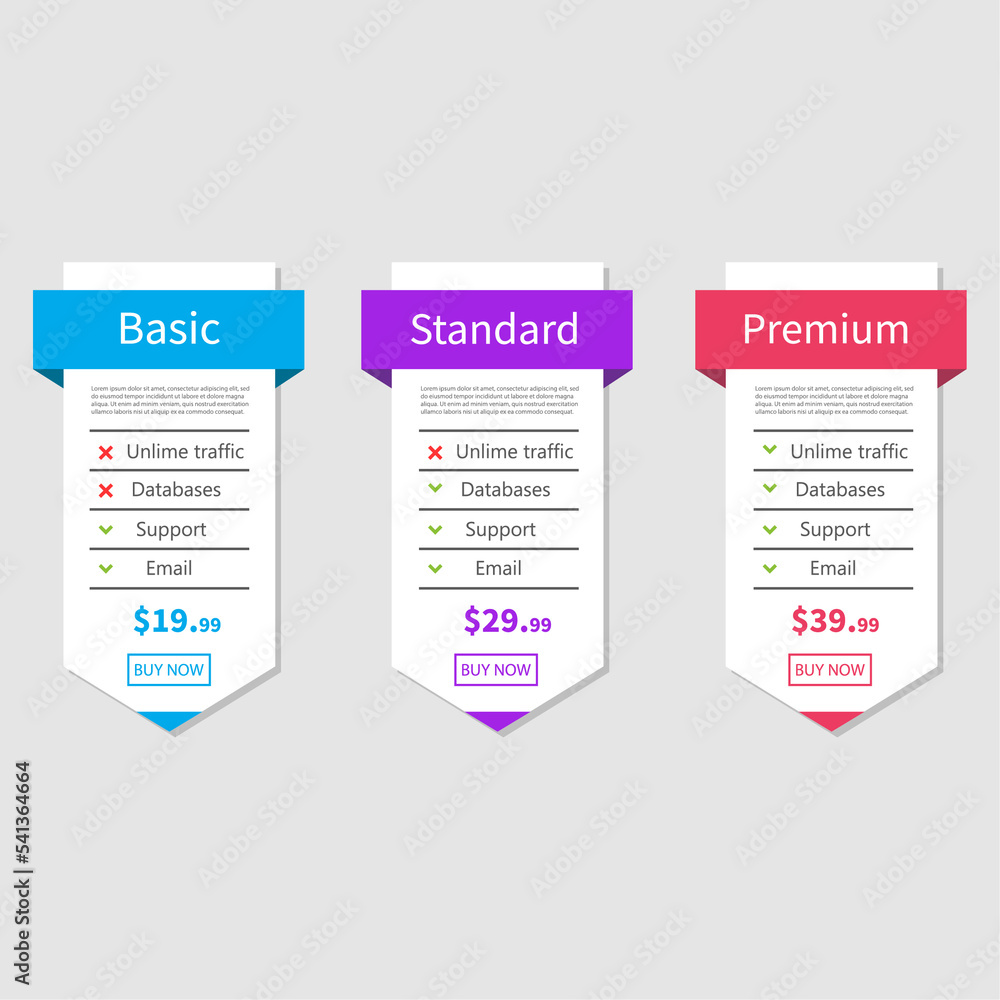Vector Pricing Table. A set of tariff offers. UI ux vector banner for ...