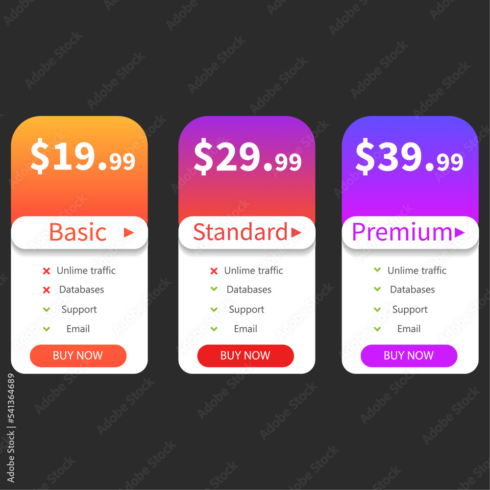Vector Pricing Table. Collection of tariff plans for sites and ...