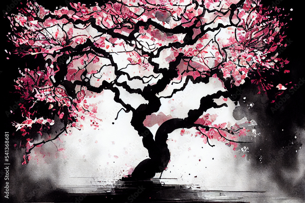 cherry blossom tree, watercolor style, digital illustration, concept ...