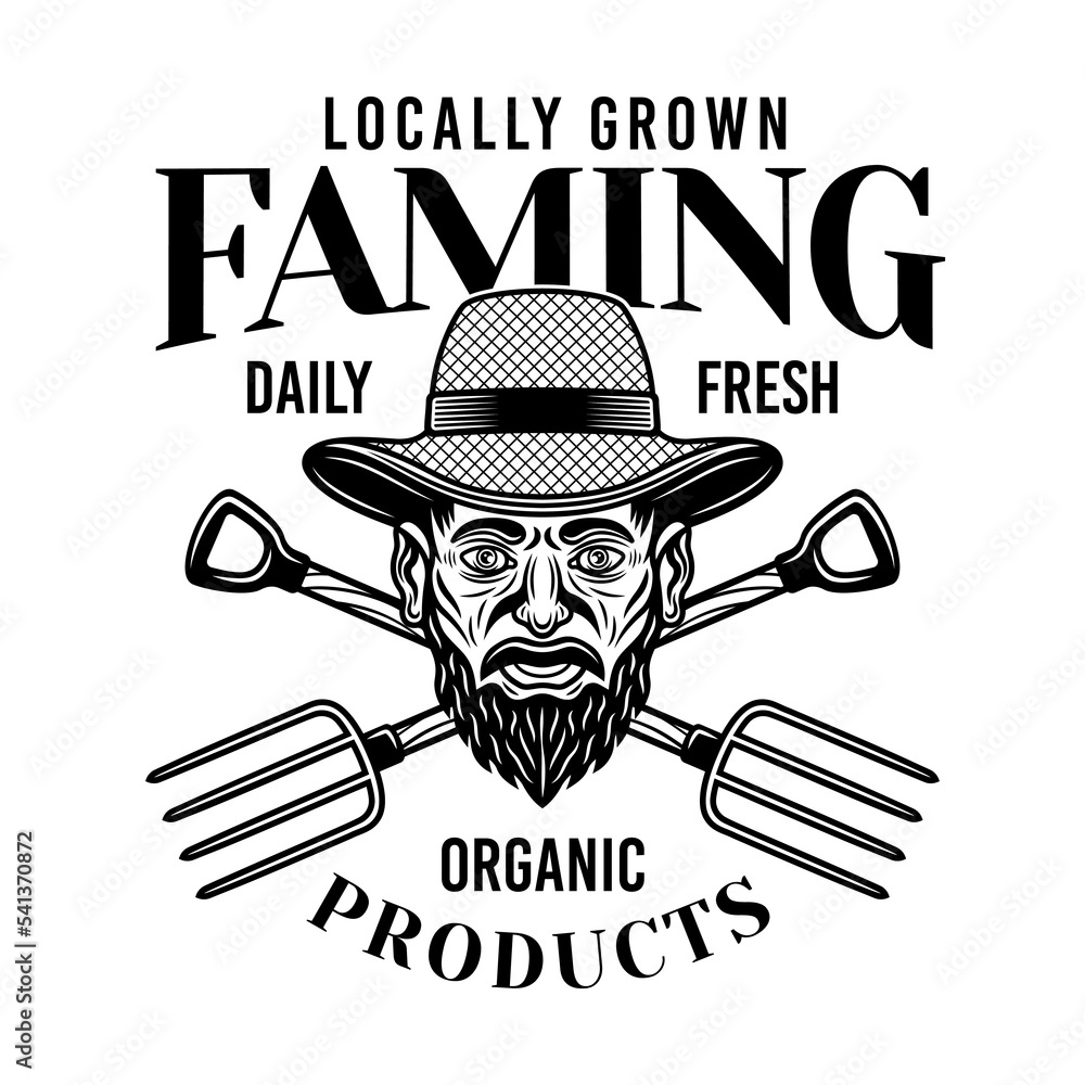 Farming vector emblem, logo, badge or label with farmer head and ...