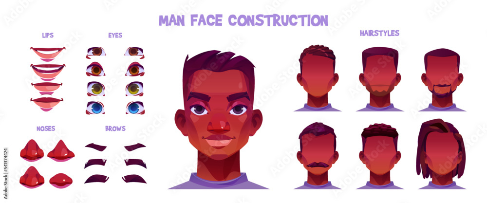 African american man face construction cartoon set isolated on white ...