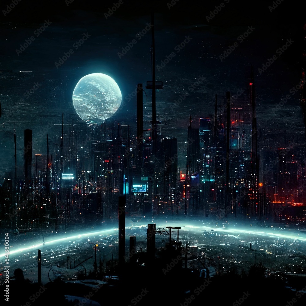 AI-generated digital futuristic art illustration of full moon over ...