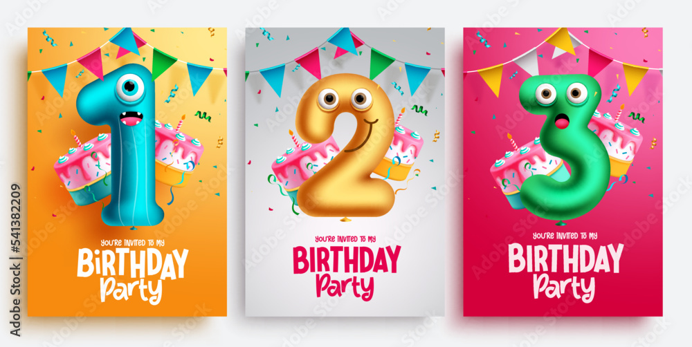 Birthday party vector poster set design. Birthday greeting text lay out ...