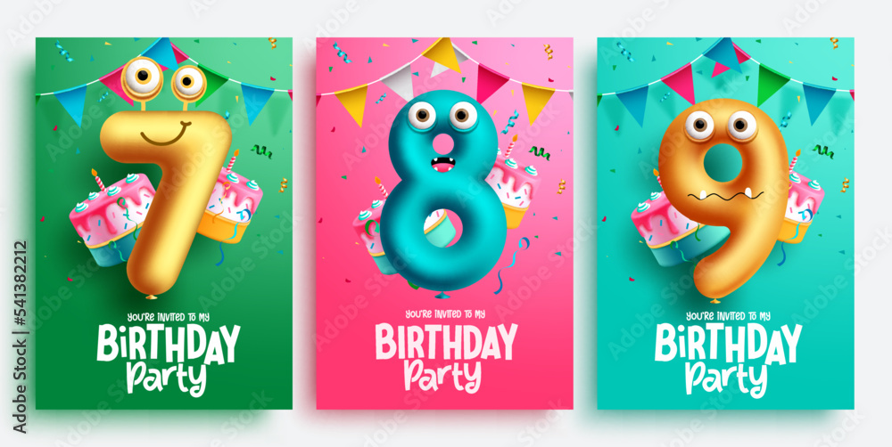 Poster Birthday party balloons vector poster set design – Wall Art ...