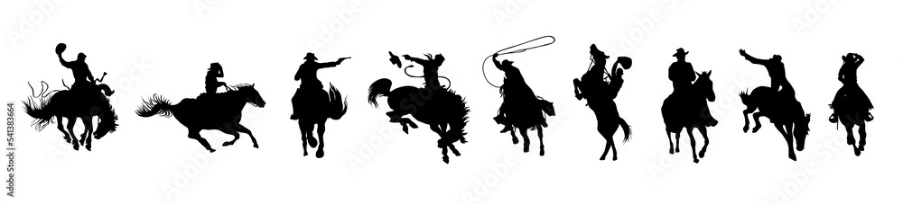 Set of wild west silhouettes - cowboys riding horse. Western ...