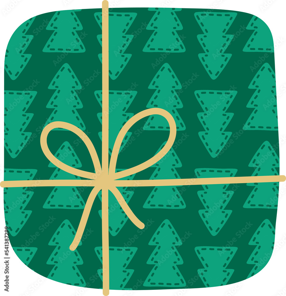 Cute green box with ribbon and bow. Christmas trees, spruce pattern. It ...