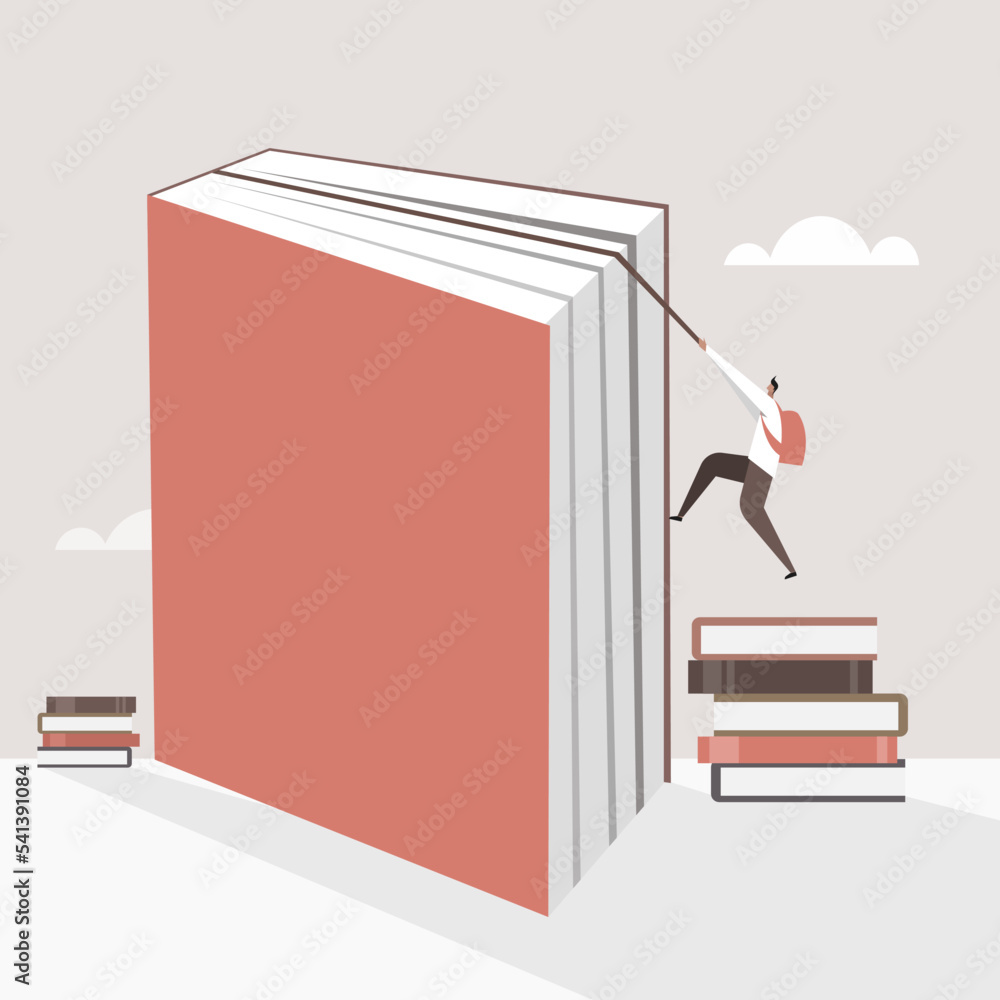 Conceptual illustration of a young man climbing on a big book Stock ...