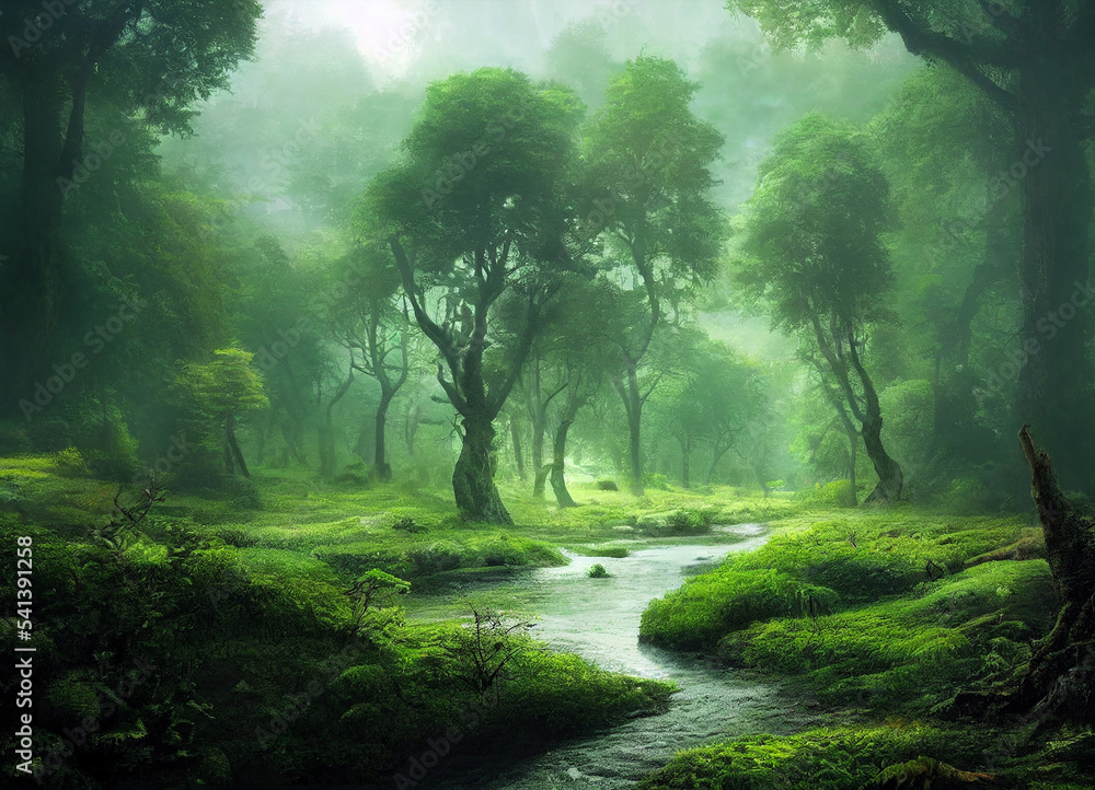 Forest scenery with beautiful trees and plants, natural green ...