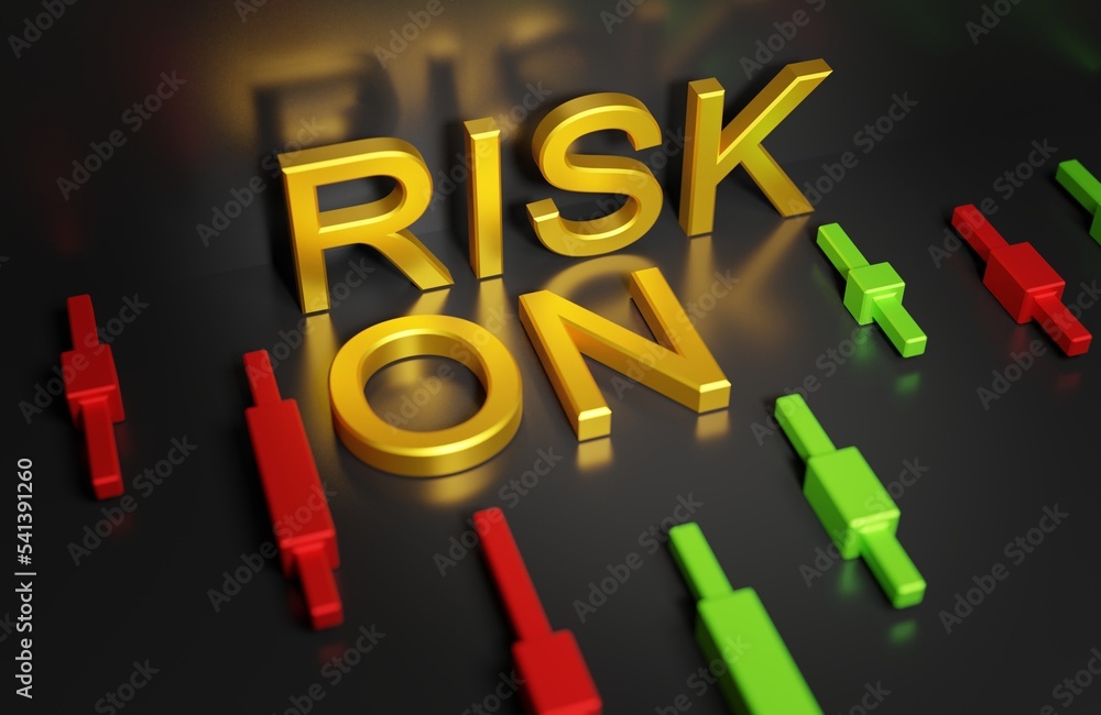 Risk on sign on a dark background with a graph of growth and decline ...