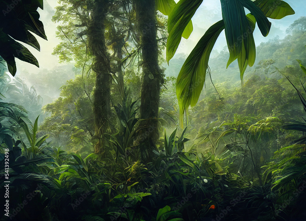 Jungle scenery with beautiful trees and plants, natural green ...