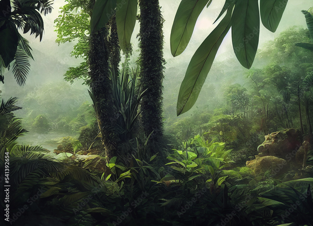 Jungle scenery with beautiful trees and plants, natural green ...