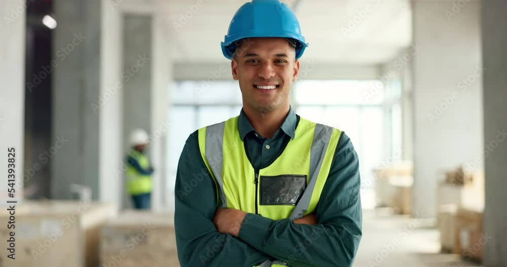 Construction, building and construction worker, man and smile in ...