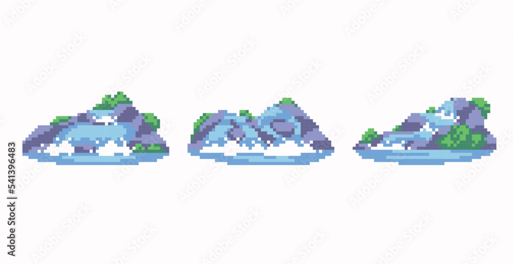 Vetor de Waterfall scene isolated pixel art set. River flow from the ...