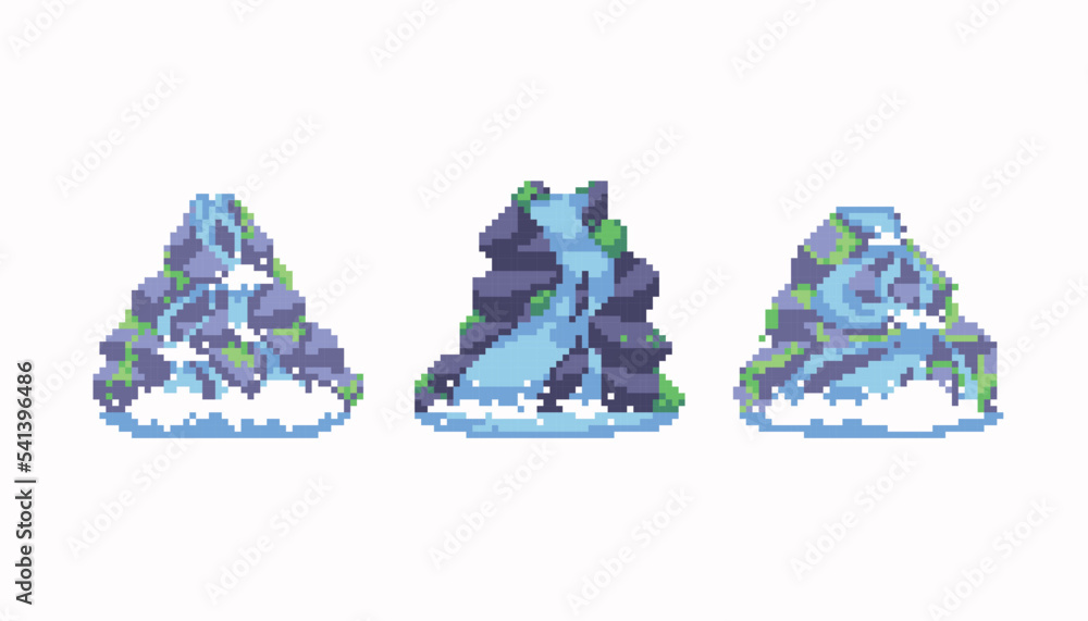 Waterfall scene isolated pixel art set. River flow from the hill ...